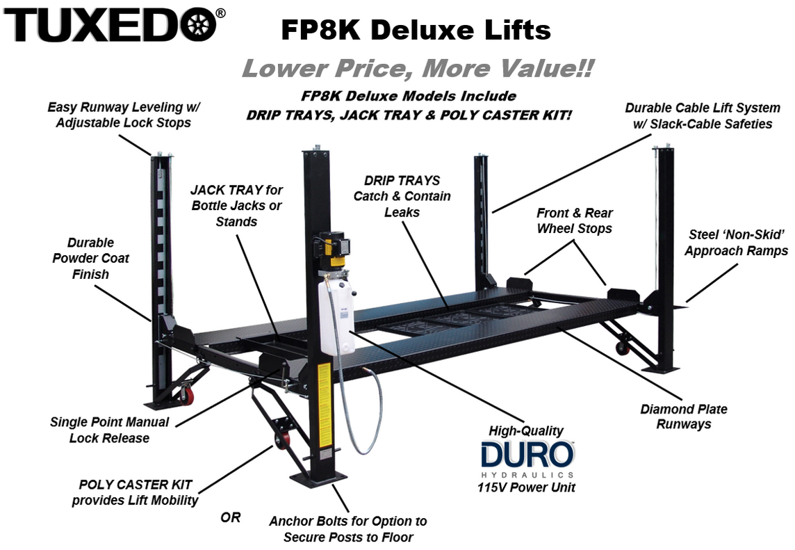 Tuxedo 8,000 lbs. 4-Post Deluxe Automotive Storage Lift - FP8K-DX ...